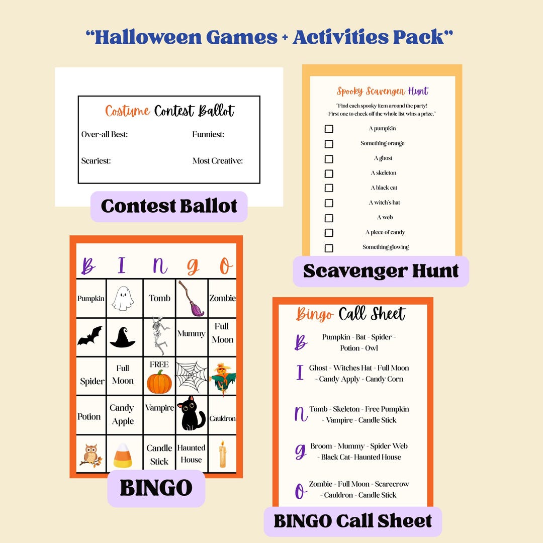 Halloween Party Games Pack | Editable Canva Templates | Bingo ...