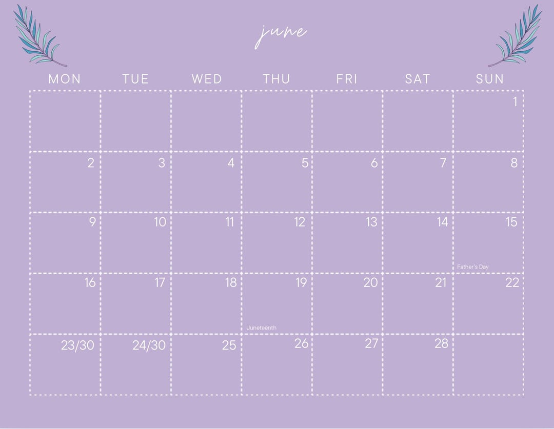 Purple Summer Printable Calendar - Etsy