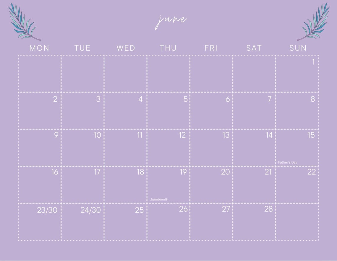 Purple Summer Printable Calendar - Etsy