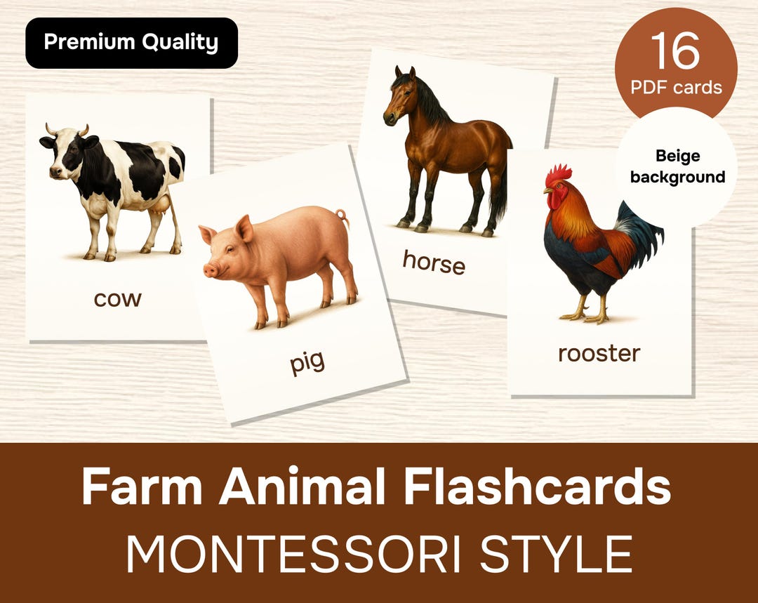 Montessori Farm Animal Flashcards | Beige Learning Cards (PDF Download ...