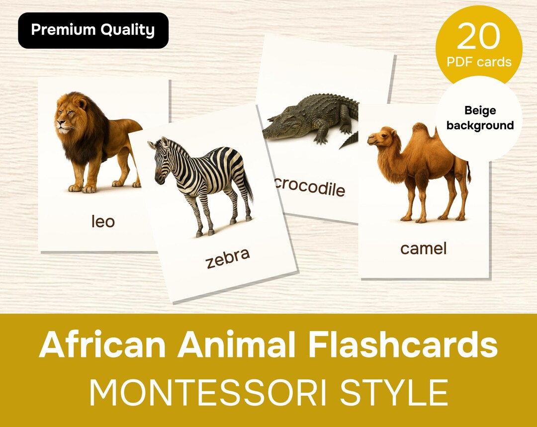Montessori African Animal Flashcards | Beige Background | Easy-to-print ...
