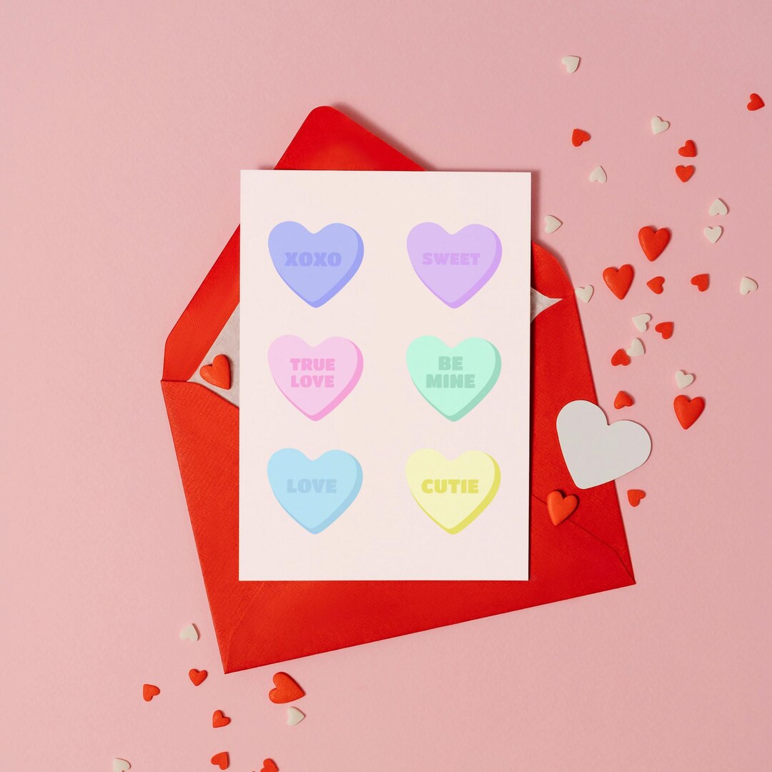 Conversation Hearts - Valentine Card Pastel Candy Hearts Print Love ...