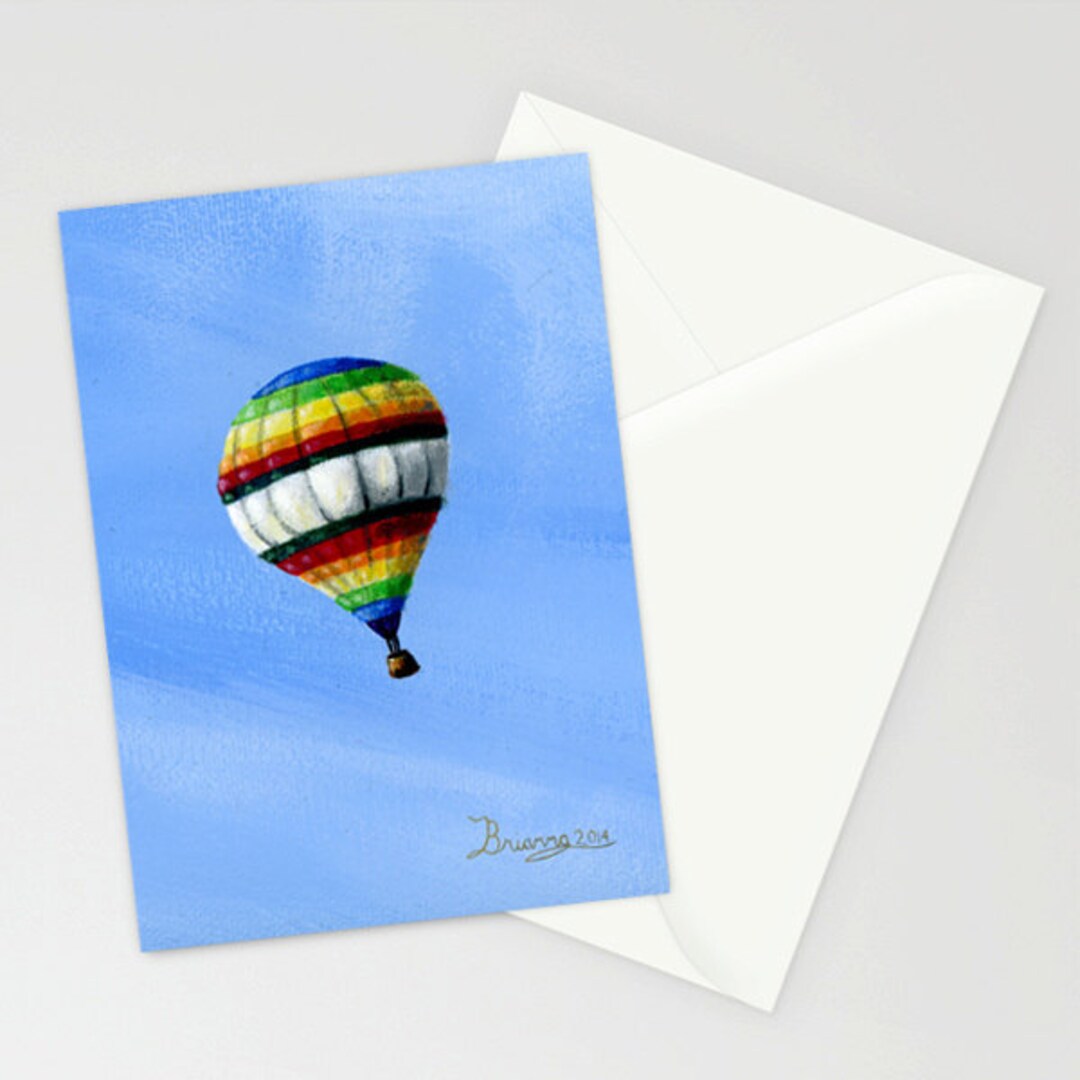 Balloon From Hilly Habitat - Folk Art Greeting Card - Rainbow Hot Air ...