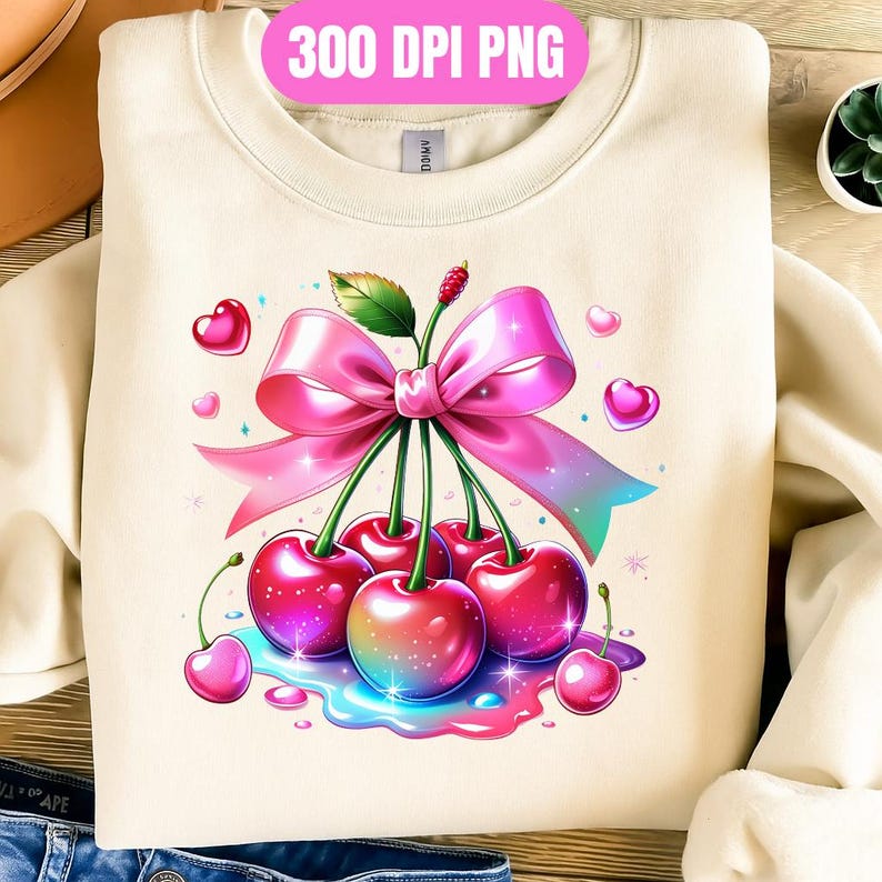Sparkly Cherry Cluster PNG, Cute Pink Bow Cherries Sublimation, Glitter ...