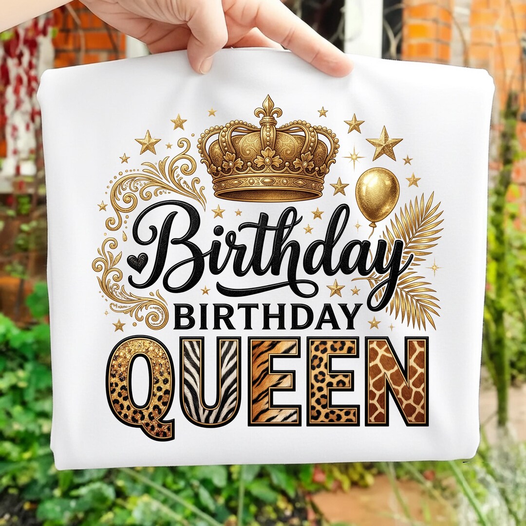 Birthday Queen PNG Gold Crown Trendy Safari Print Birthday Sublimation ...