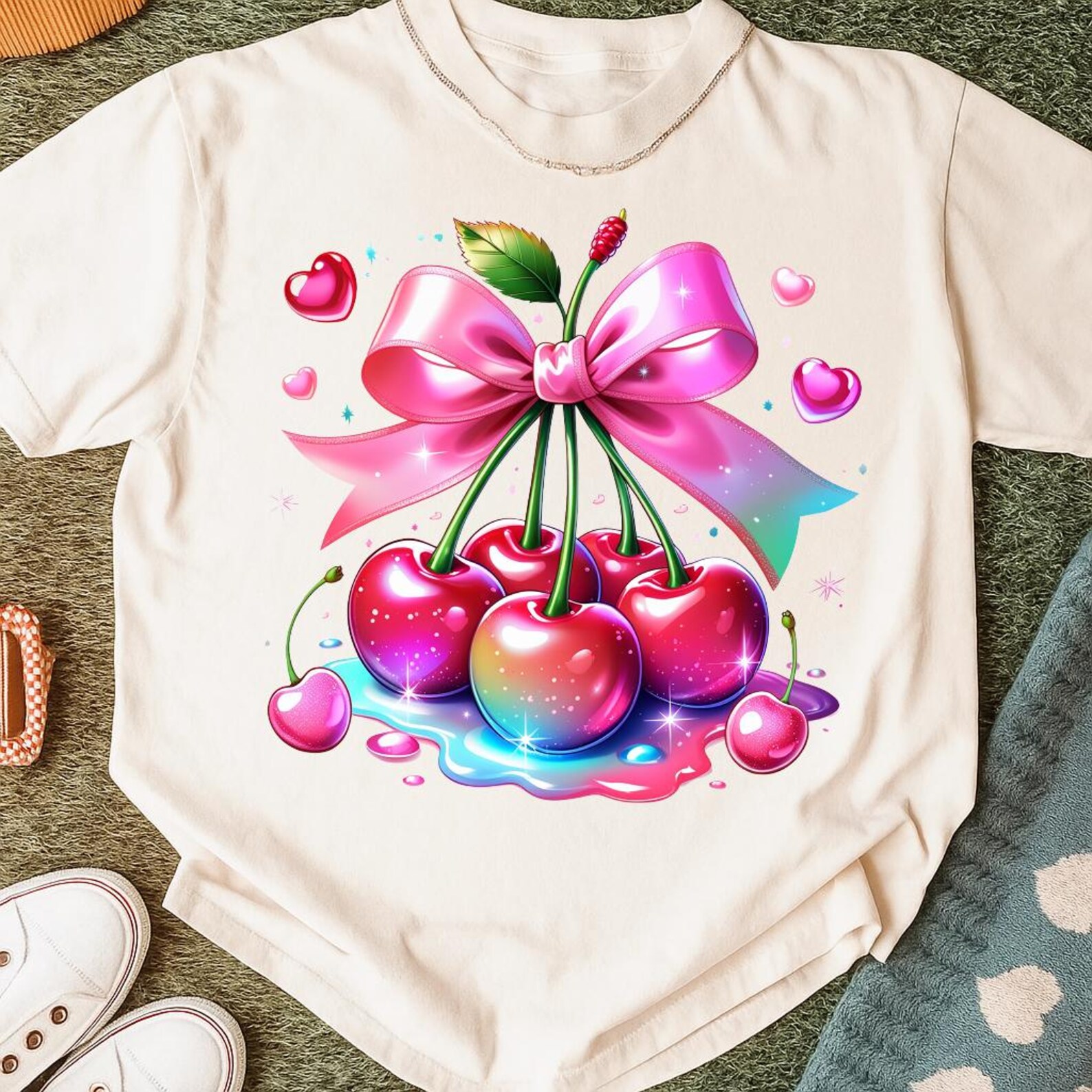 Sparkly Cherry Cluster PNG, Cute Pink Bow Cherries Sublimation, Glitter ...