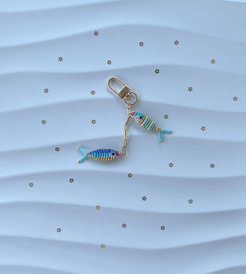 Beaded Fish Bag Charm - Gold Keychain With 2 Hand-beaded Fish - Etsy