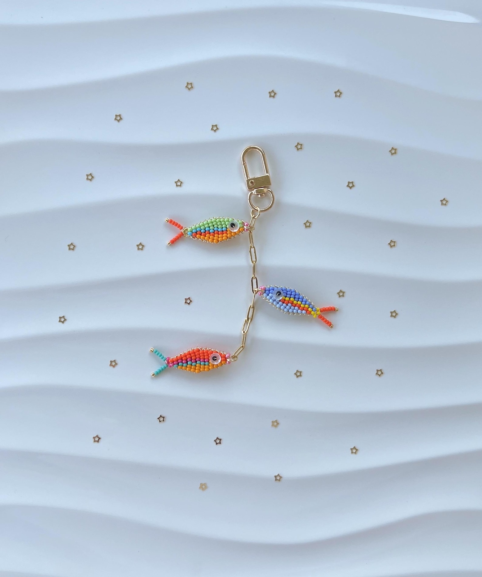 Beaded Fish Bag Charm – Gold Keychain With 3 Hand-beaded Fish - Etsy
