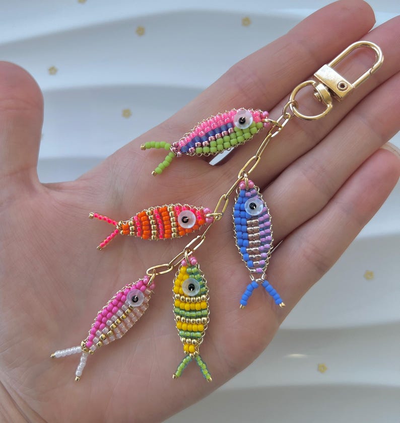 Beaded Fish Bag Charm – Gold Keychain With 5 Hand-beaded Fish in Bright ...