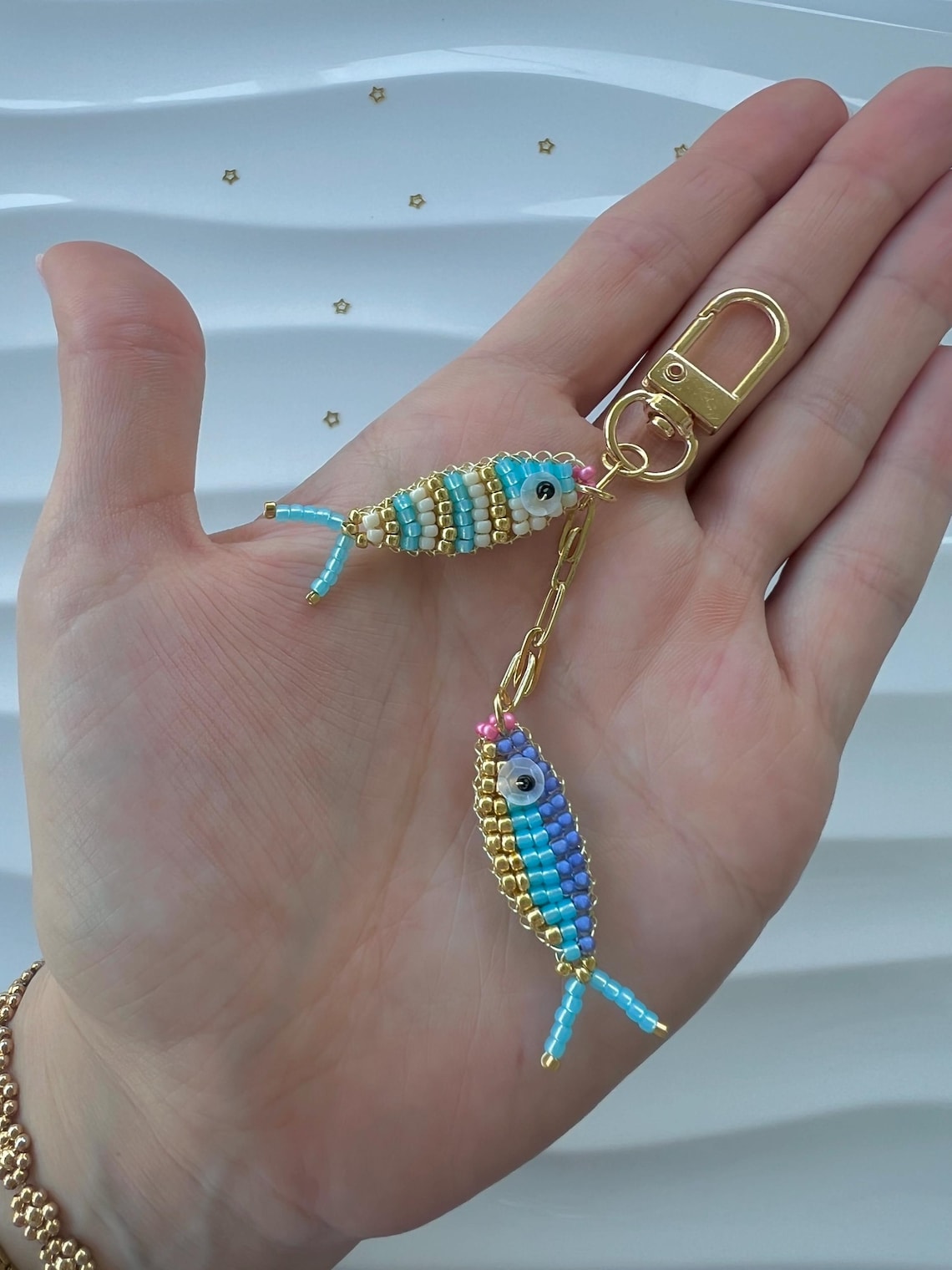 Beaded Fish Bag Charm - Gold Keychain With 2 Hand-beaded Fish - Etsy