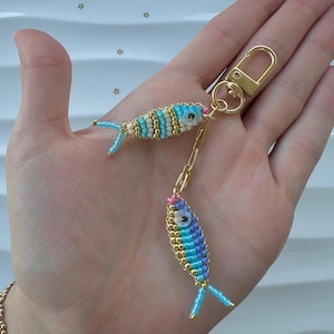 Beaded Fish Bag Charm - Gold Keychain With 2 Hand-beaded Fish - Etsy