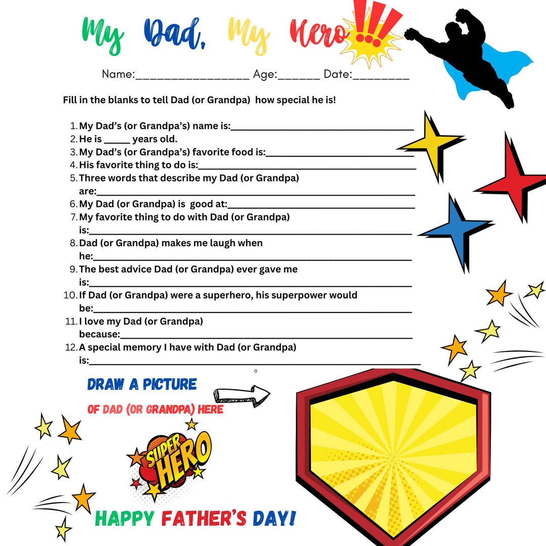 Father’s Day Questionnaire PDF – My Dad, My Hero – Printable Instant ...