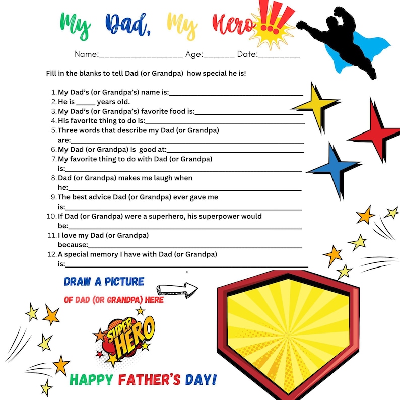 Father’s Day Questionnaire PDF – My Dad, My Hero – Printable Instant ...