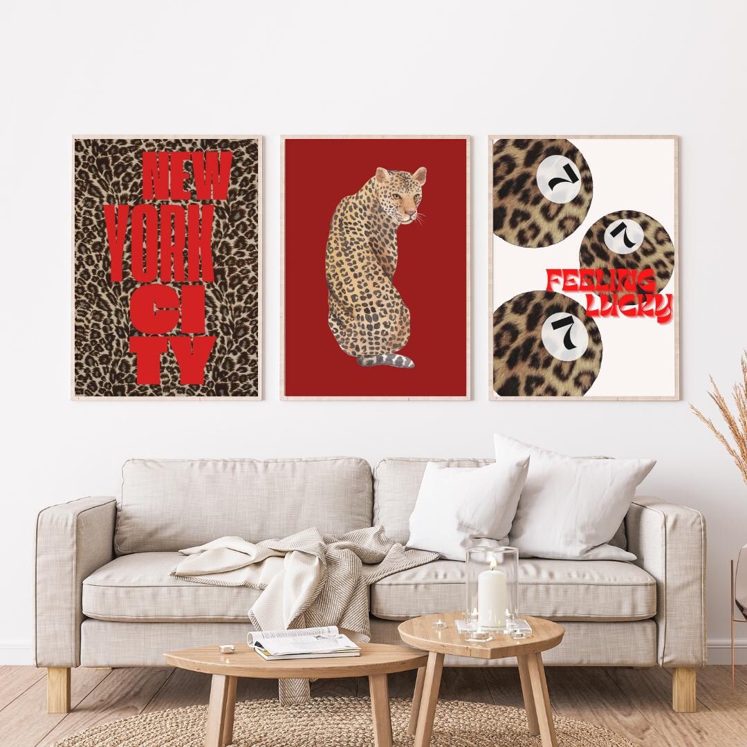 3 Pack Red Cheetah Wall Art Set for College Dorm or Bar Cart, Digital ...