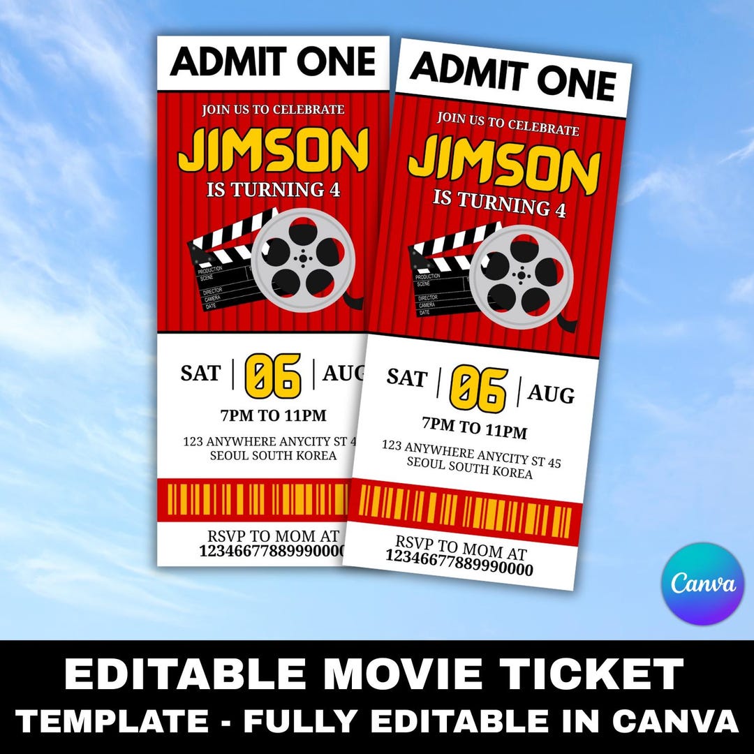 Editable Movie Ticket Invitation, Movie Party Birthday Invitation ...