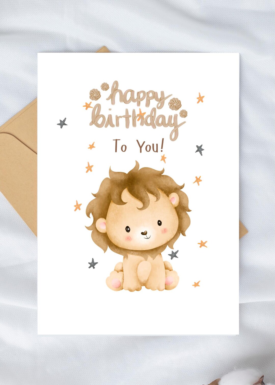 Cute Lion Happy Birthday Card Printable, Kawaii Baby Lion Birthday Card ...