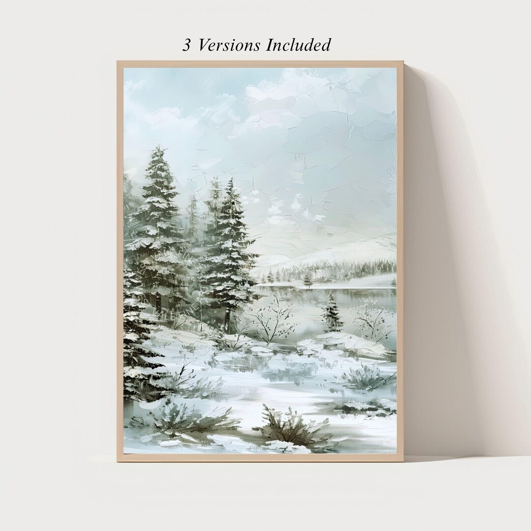 Winter Landscape With Trees and Lake. Snowy Mountain Scene. Watercolor ...