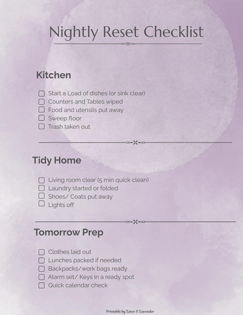 Nightly Reset Checklist Printable | Evening Cleaning | Prep Routine ...