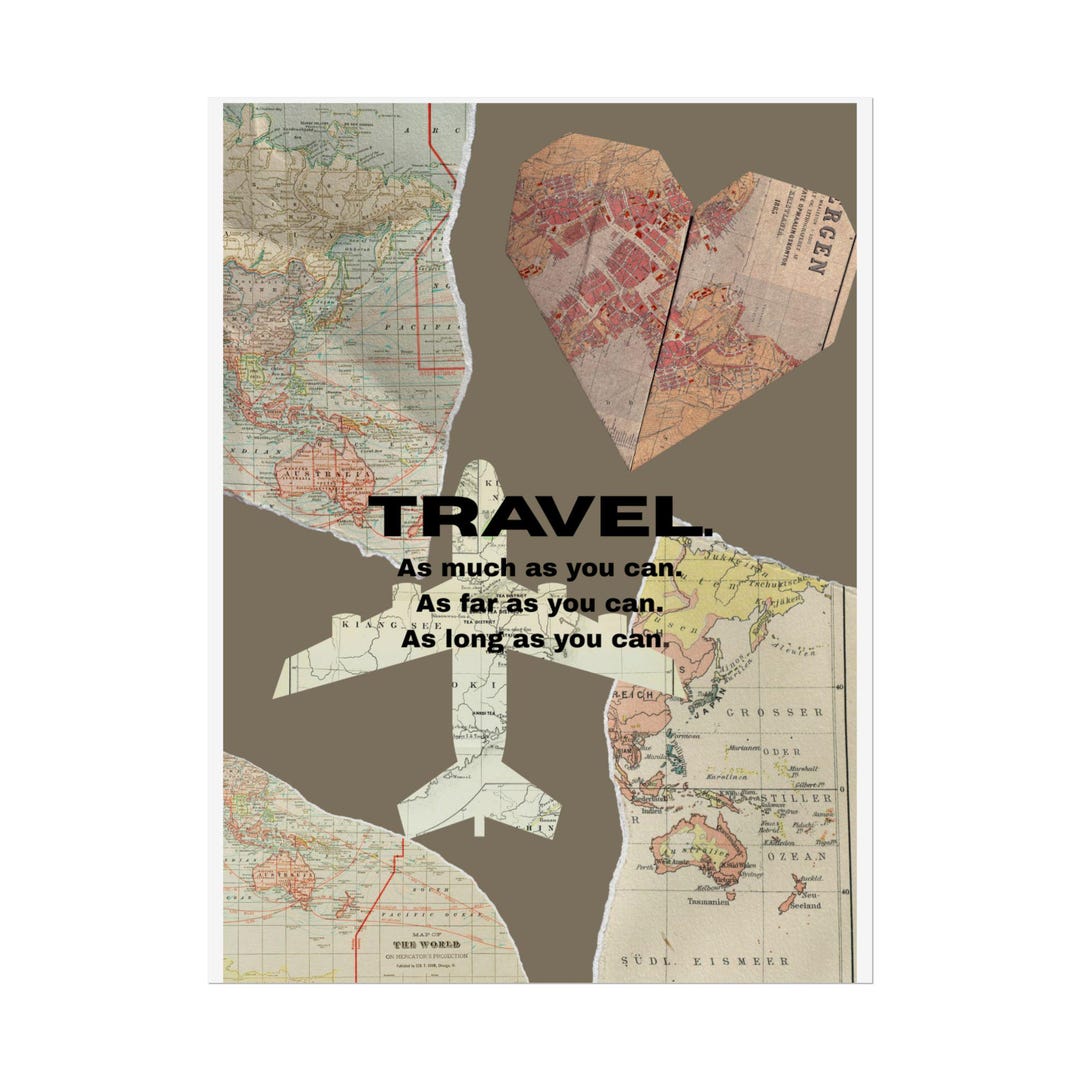 Travel Map Collage Rolled Poster | Vintage Map Heart Plane Quote - Etsy