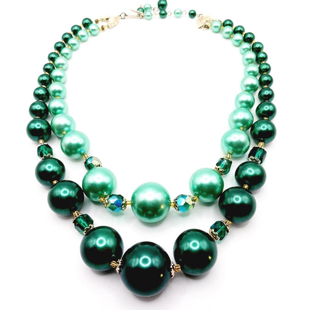Vintage Japan Double Strand Necklace Green Shades Lucite and Glass ...