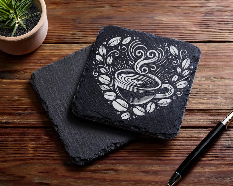 8 Coffee Time Slate Coaster Laser Files PNG & SVG for Engraving Digital ...