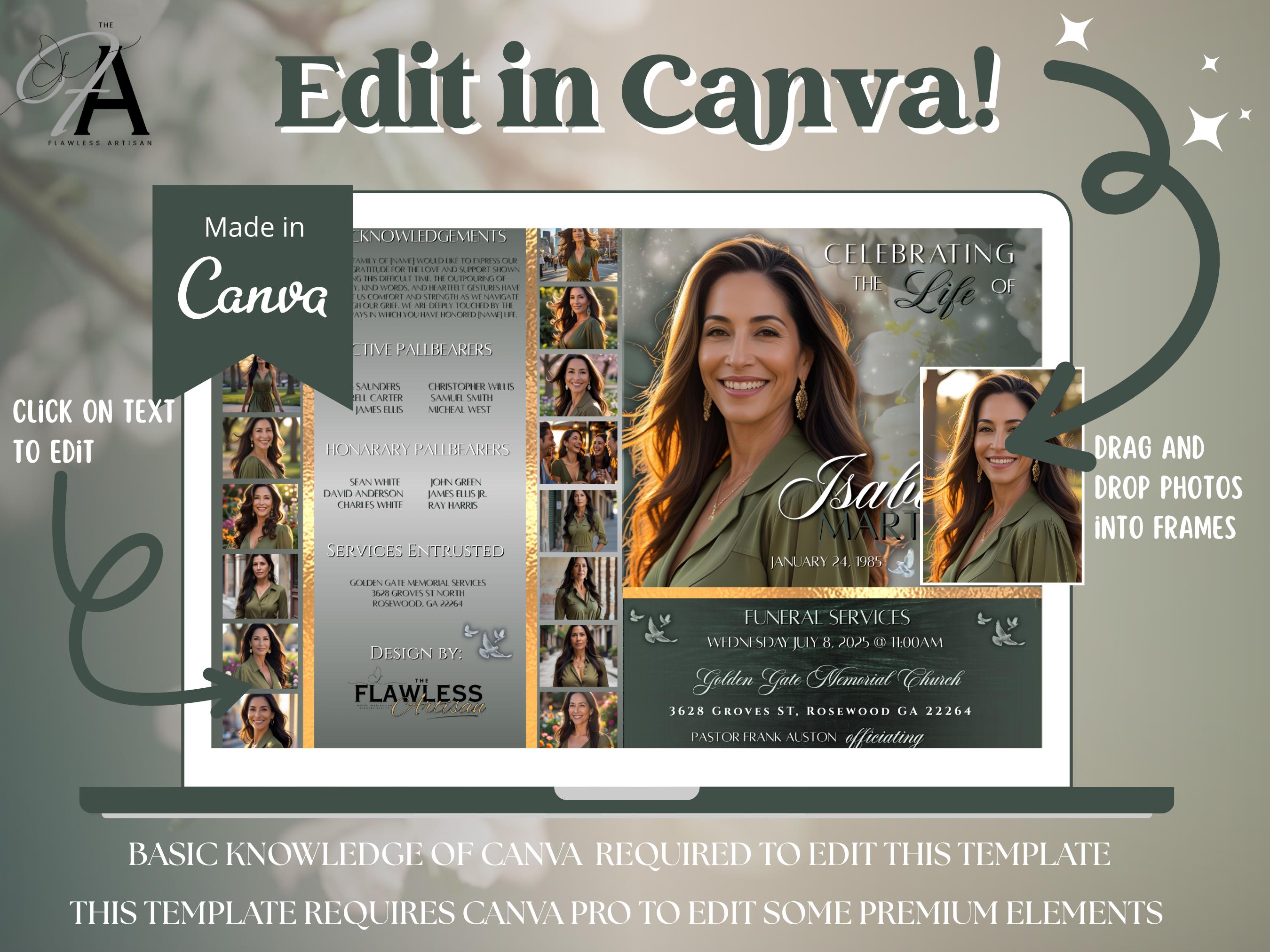 Green Floral Funeral Program Template | Celebration of Life (digital ...