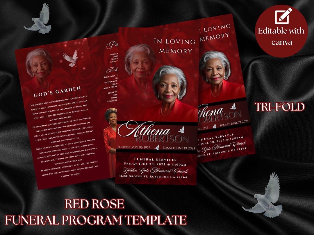 Red Rose Funeral Program Template: Tri-fold Memorial (canva Digital ...
