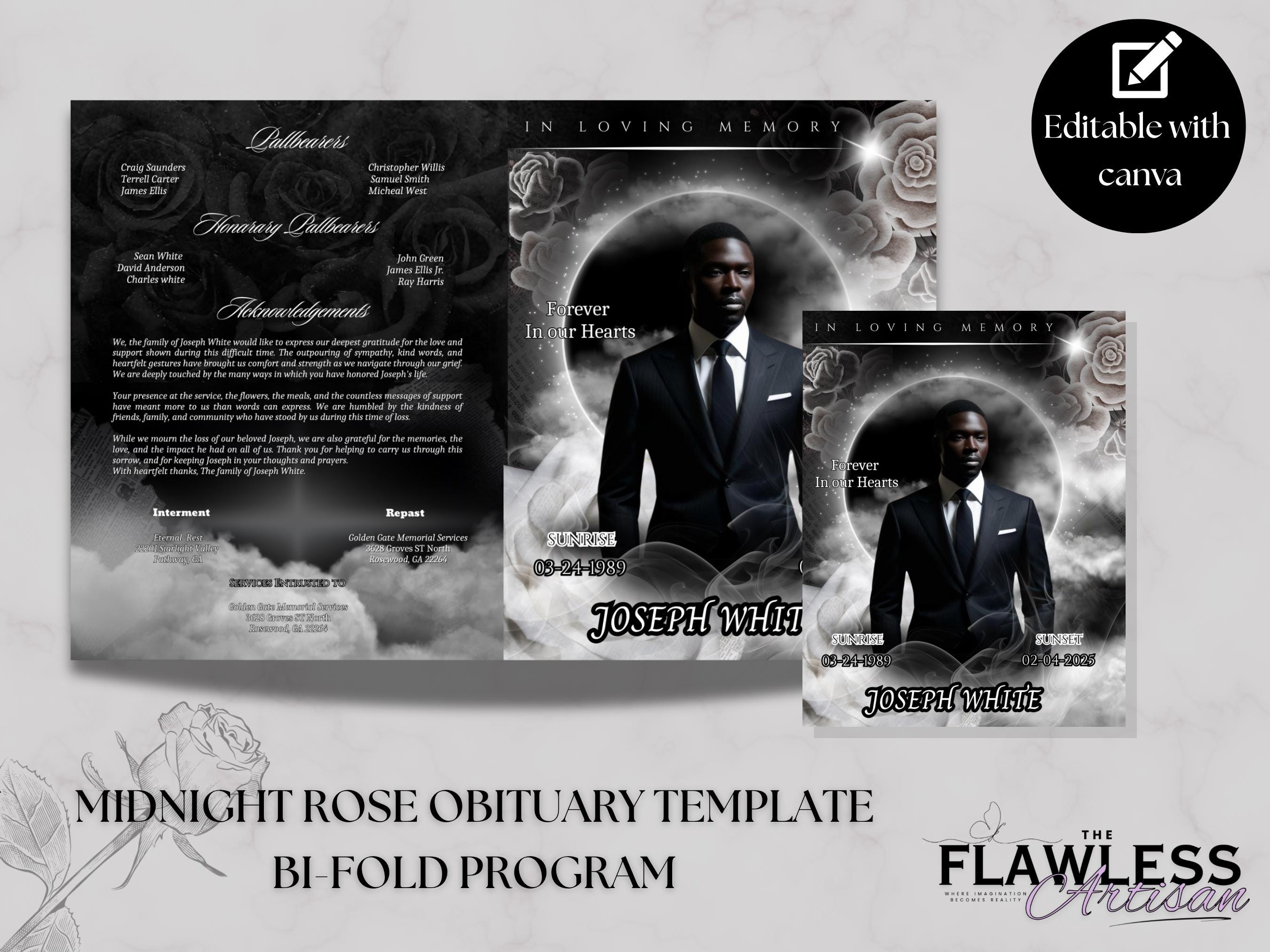Midnight Rose Funeral Program Template, 8-page Obituary (canva Pro ...