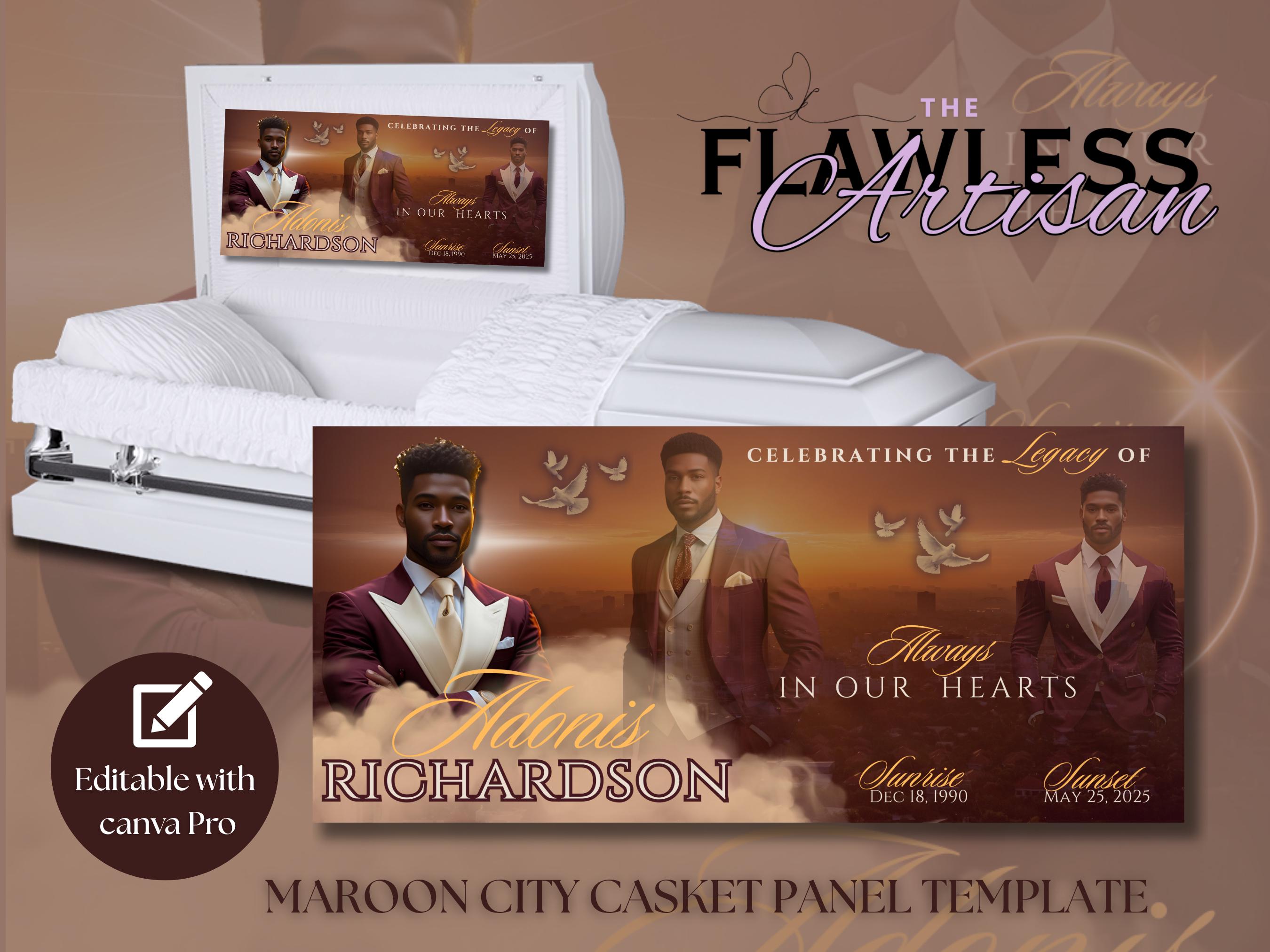 Funeral Casket Panel Template | Maroon City Memorial Insert (canva Pro ...