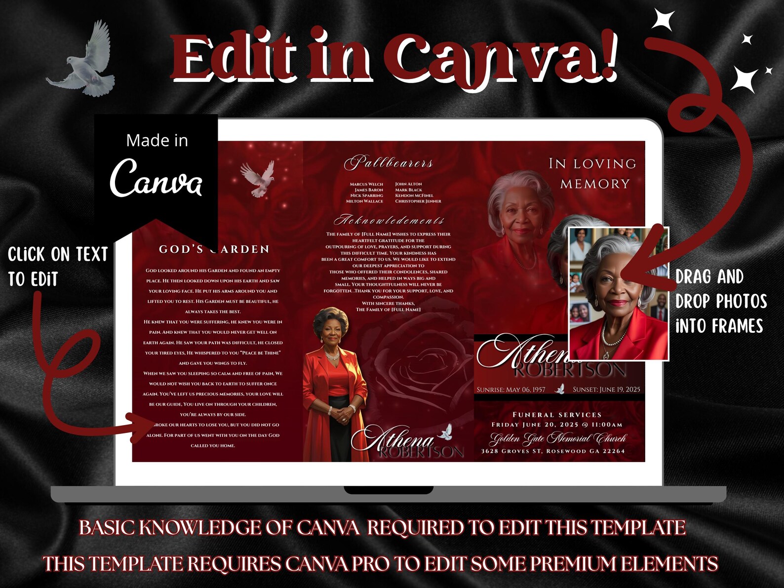Red Rose Funeral Program Template: Tri-fold Memorial (canva Digital ...