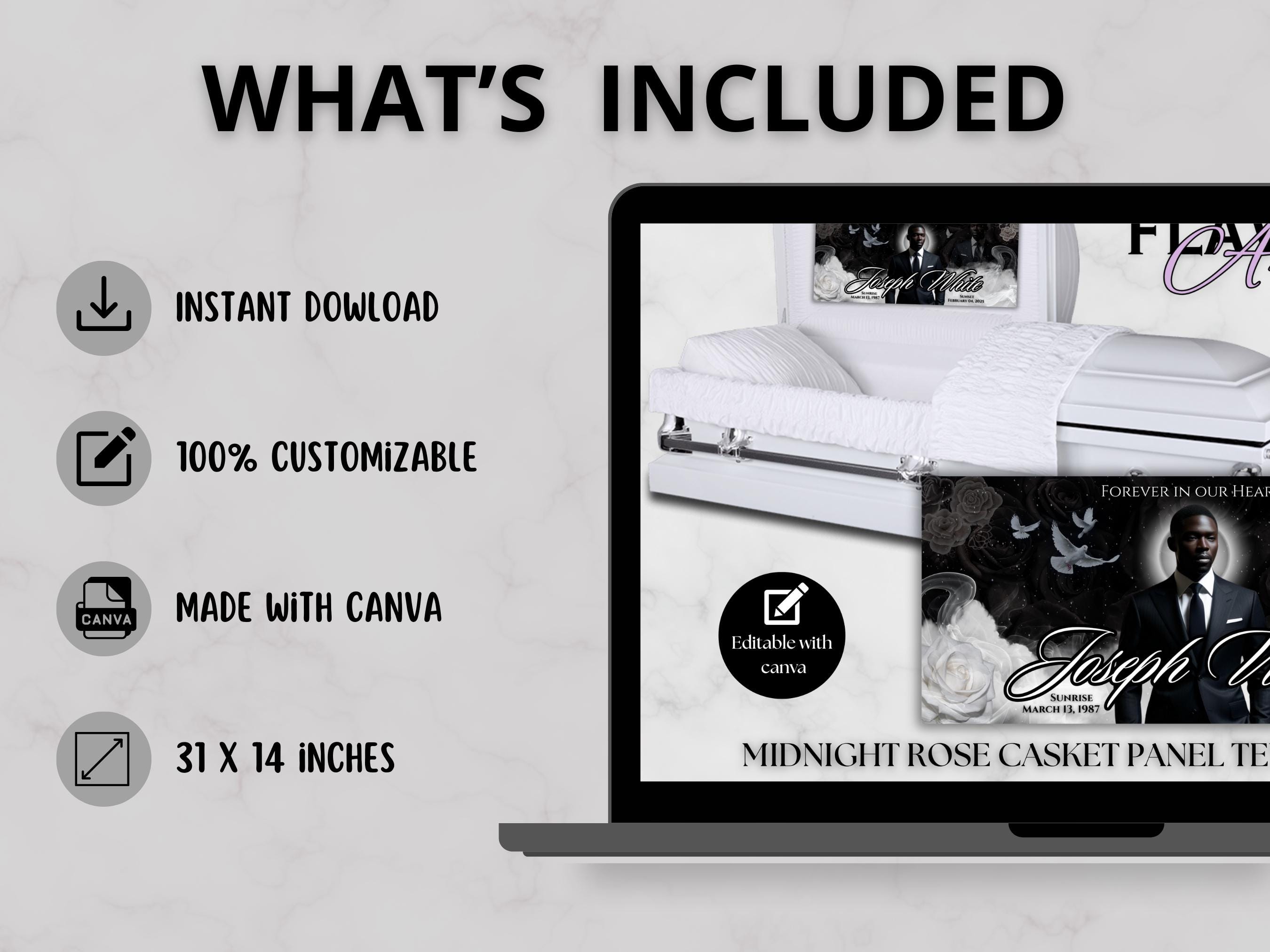 Midnight Rose Funeral Casket Panel Template | Editable Memorial Insert ...