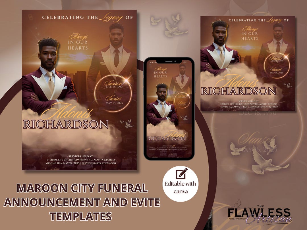 Maroon Funeral Announcement Flyer: Editable Canva Template (digital ...