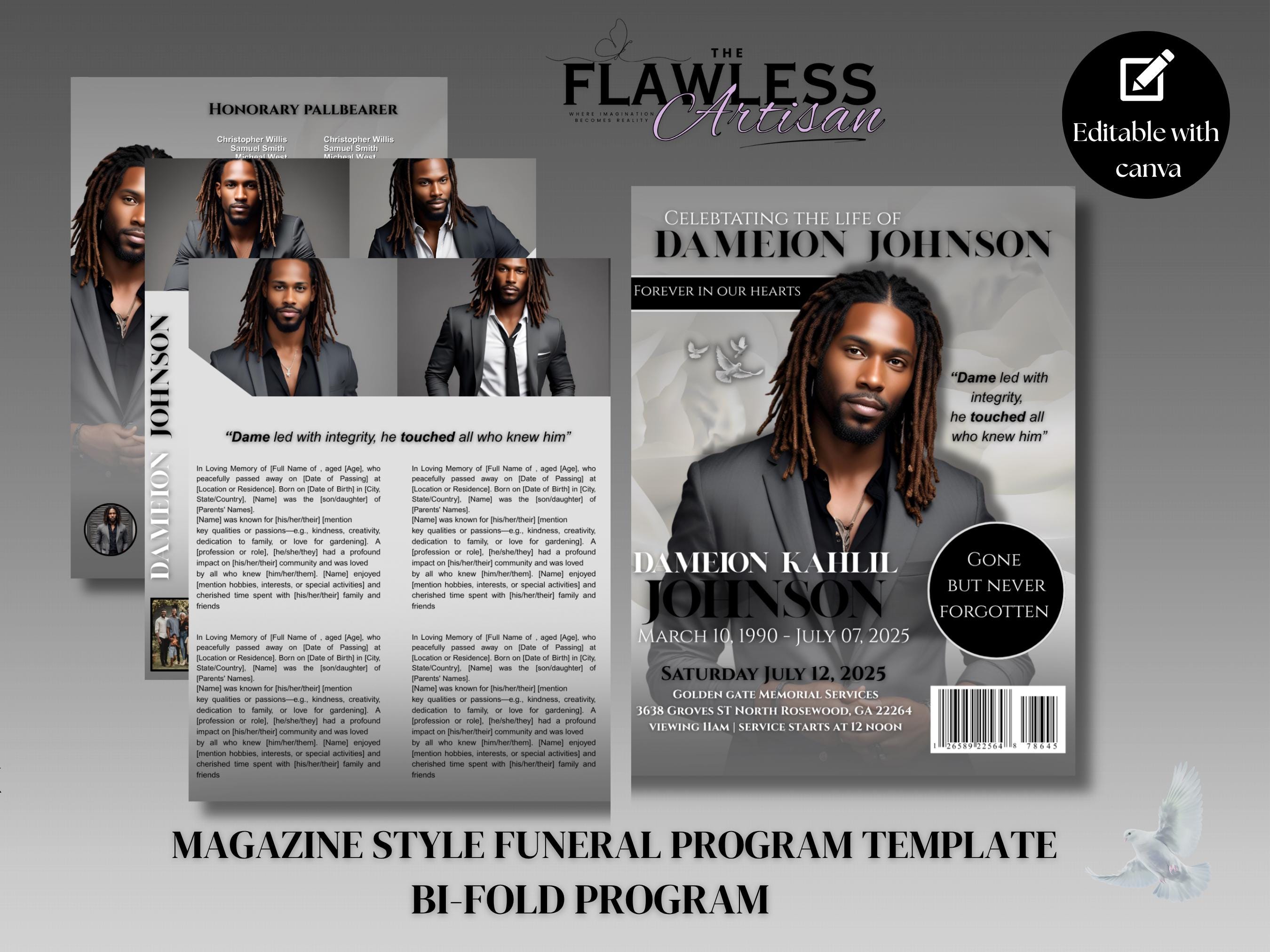 Magazine Style Funeral Program Template | Canva, 4-pages (digital ...