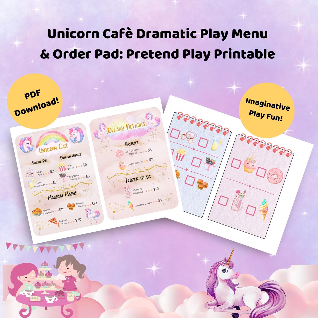 Unicorn Cafè Pretend Play Menu & Order Pad - Printable Dramatic Play ...