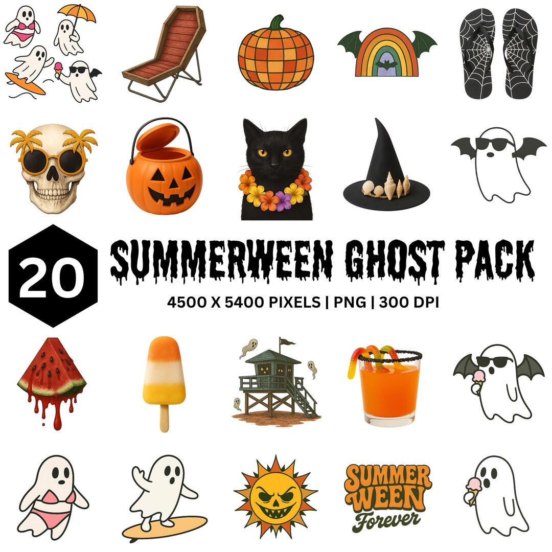 Summerween PNG Clipart Bundle: Retro Halloween Beach Designs (digital ...