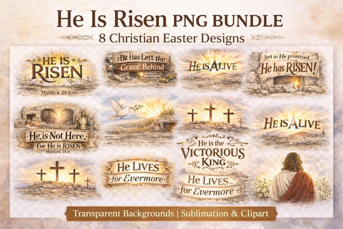 He is Risen PNG Bundle | Christian Easter Watercolor Clipart (8 Designs ...