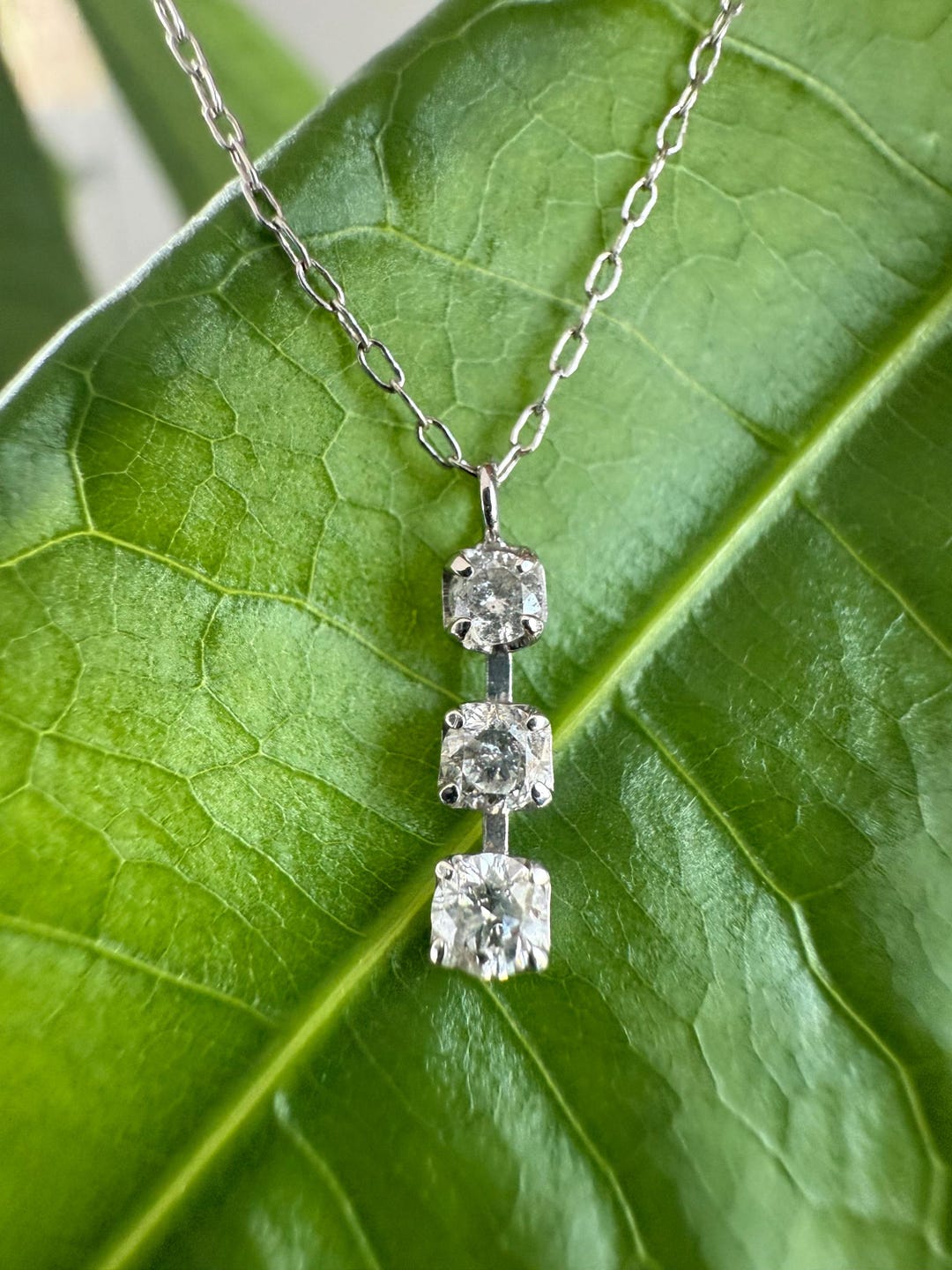 18K Solid White Gold Three Stone Diamond Necklace, Linear Drop Journey ...