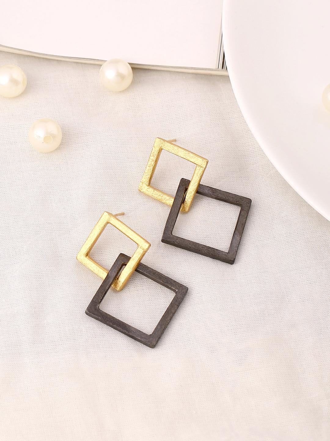 Long Black Gold Drop Earrings 18K Gold Geometric Double Square Dangle ...
