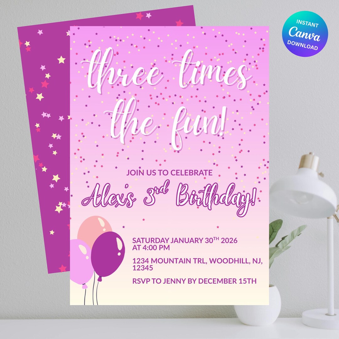 Three Times the Fun! Pink 3rd Birthday Invitation, Editable Confetti ...