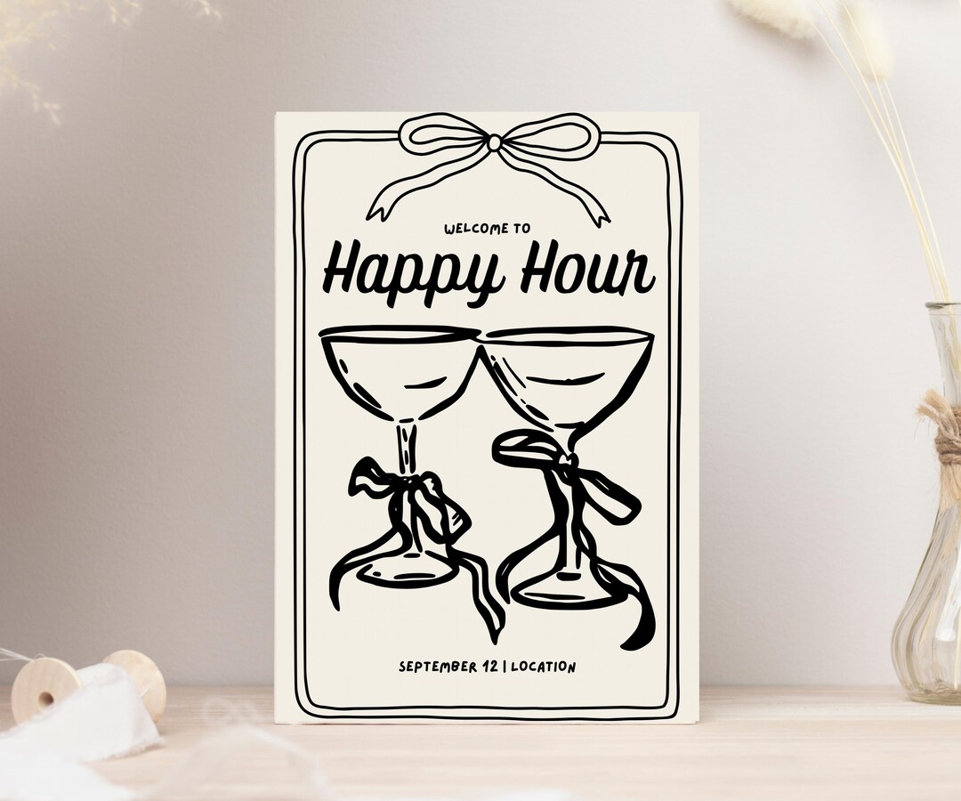 Editable Happy Hour Welcome Poster Sign: Chic Cocktail Party, Birthday ...