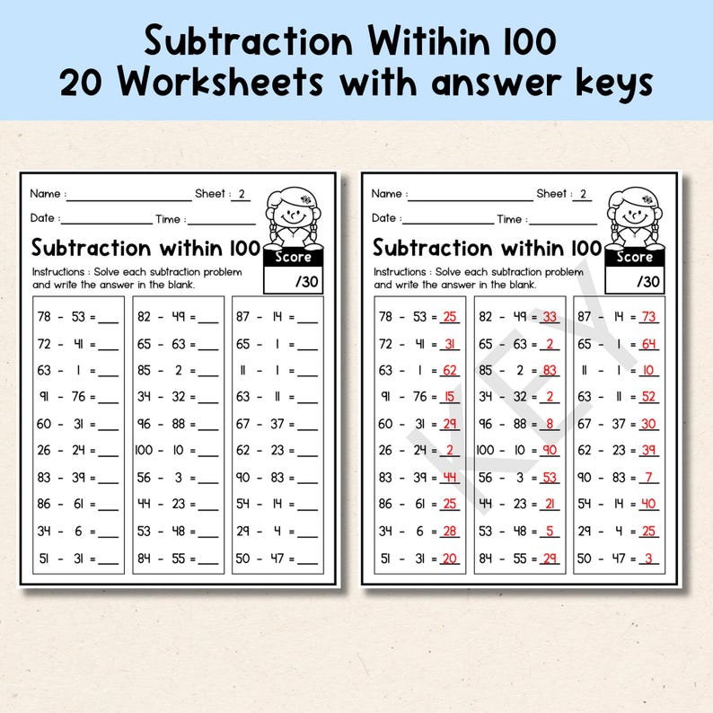 Math Worksheets Bundle | Addition and Subtraction Within 100 ...