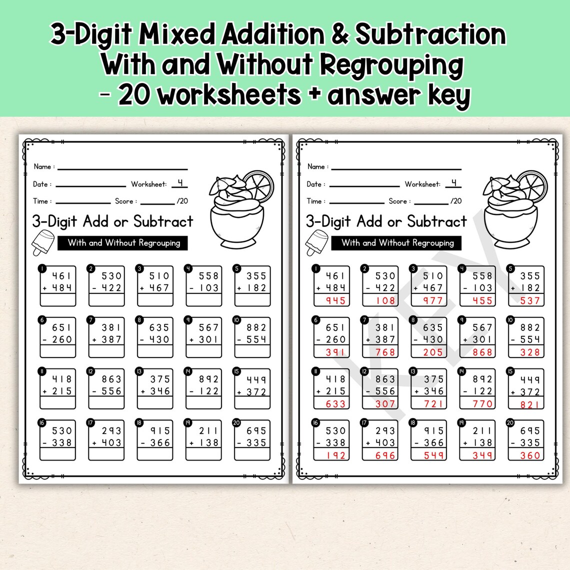 Summer 3-digit Addition and Subtraction Worksheets | With & Without ...