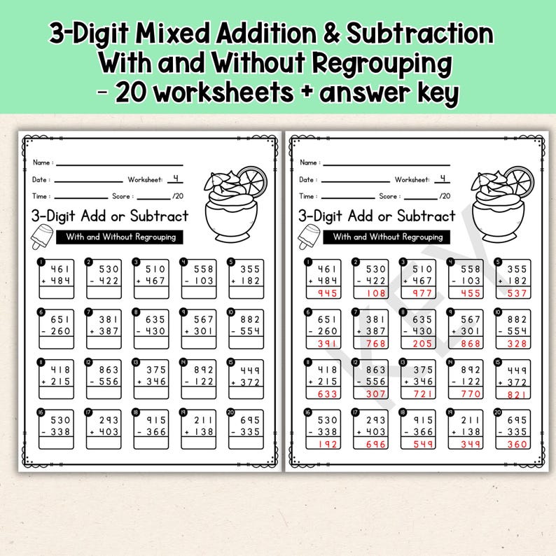 Summer 3-digit Addition and Subtraction Worksheets | With & Without ...