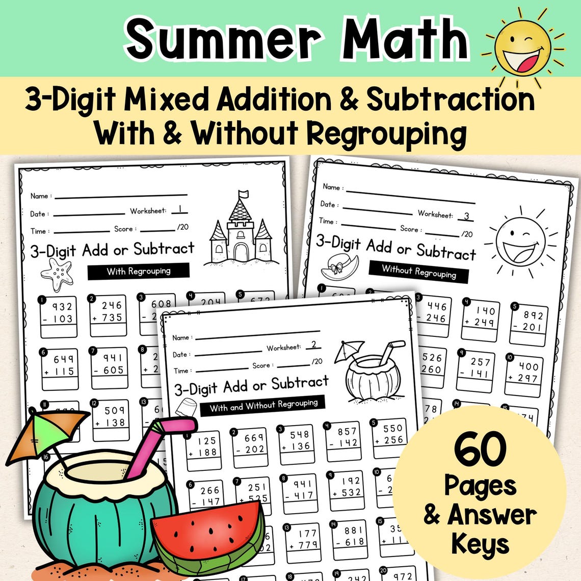 Summer 3-digit Addition and Subtraction Worksheets | With & Without ...