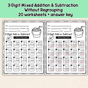 Summer 3-digit Addition and Subtraction Worksheets | With & Without ...