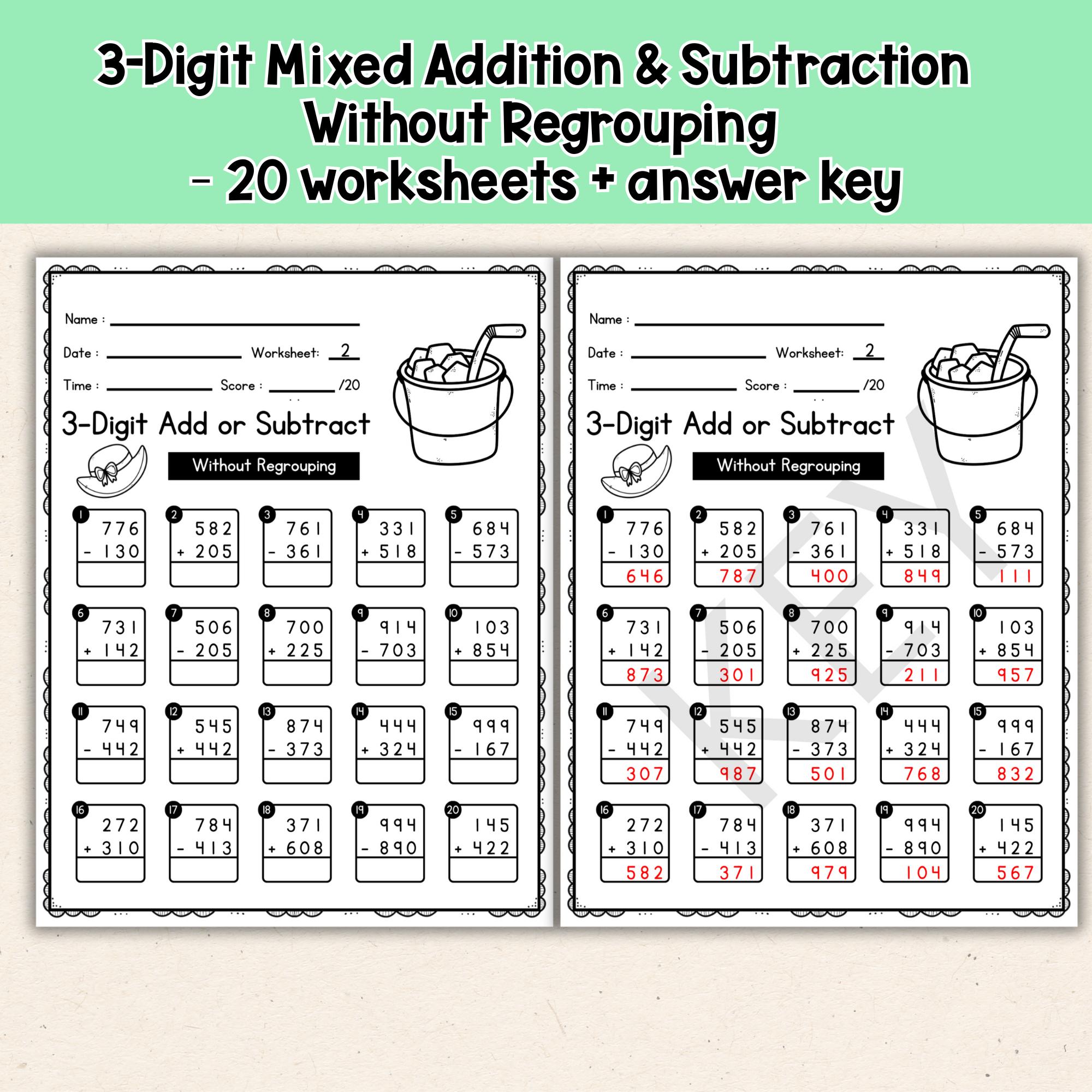 Summer 3-digit Addition and Subtraction Worksheets | With & Without ...