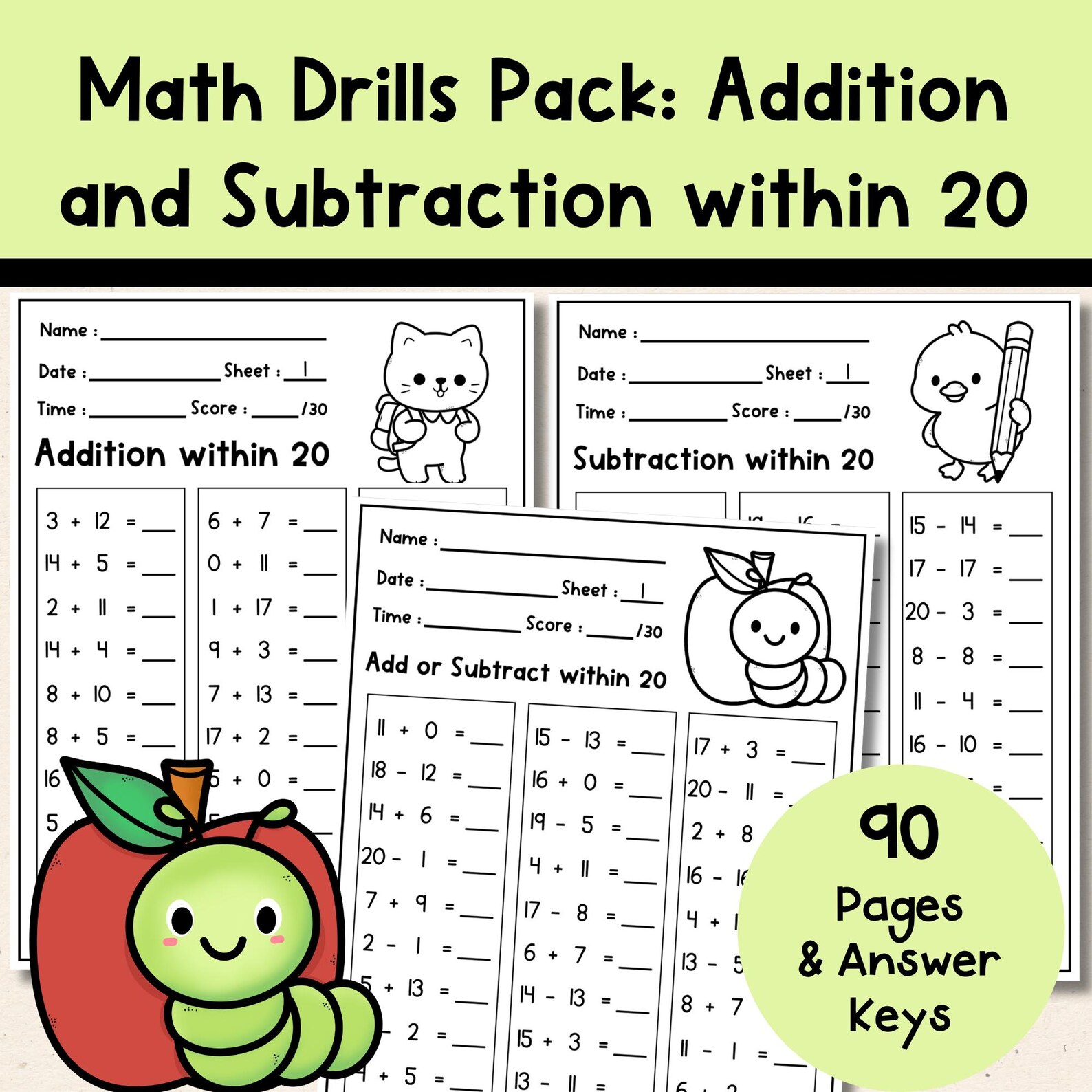 Addition and Subtraction Worksheets Within 20 | Math Drills for Kids ...