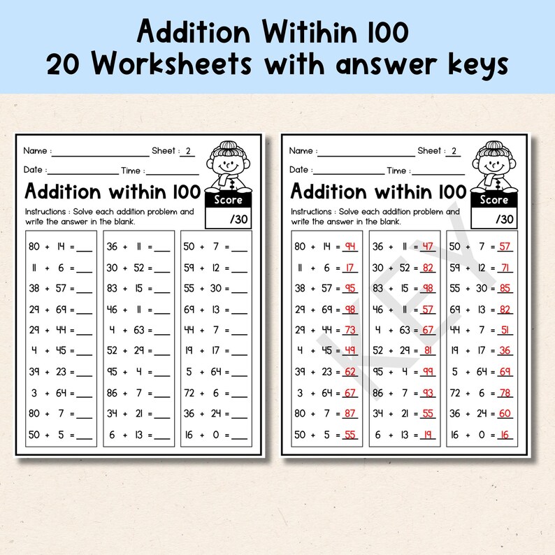 Math Worksheets Bundle | Addition and Subtraction Within 100 ...