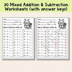 Addition and Subtraction Worksheets Within 20 | Math Drills for Kids ...