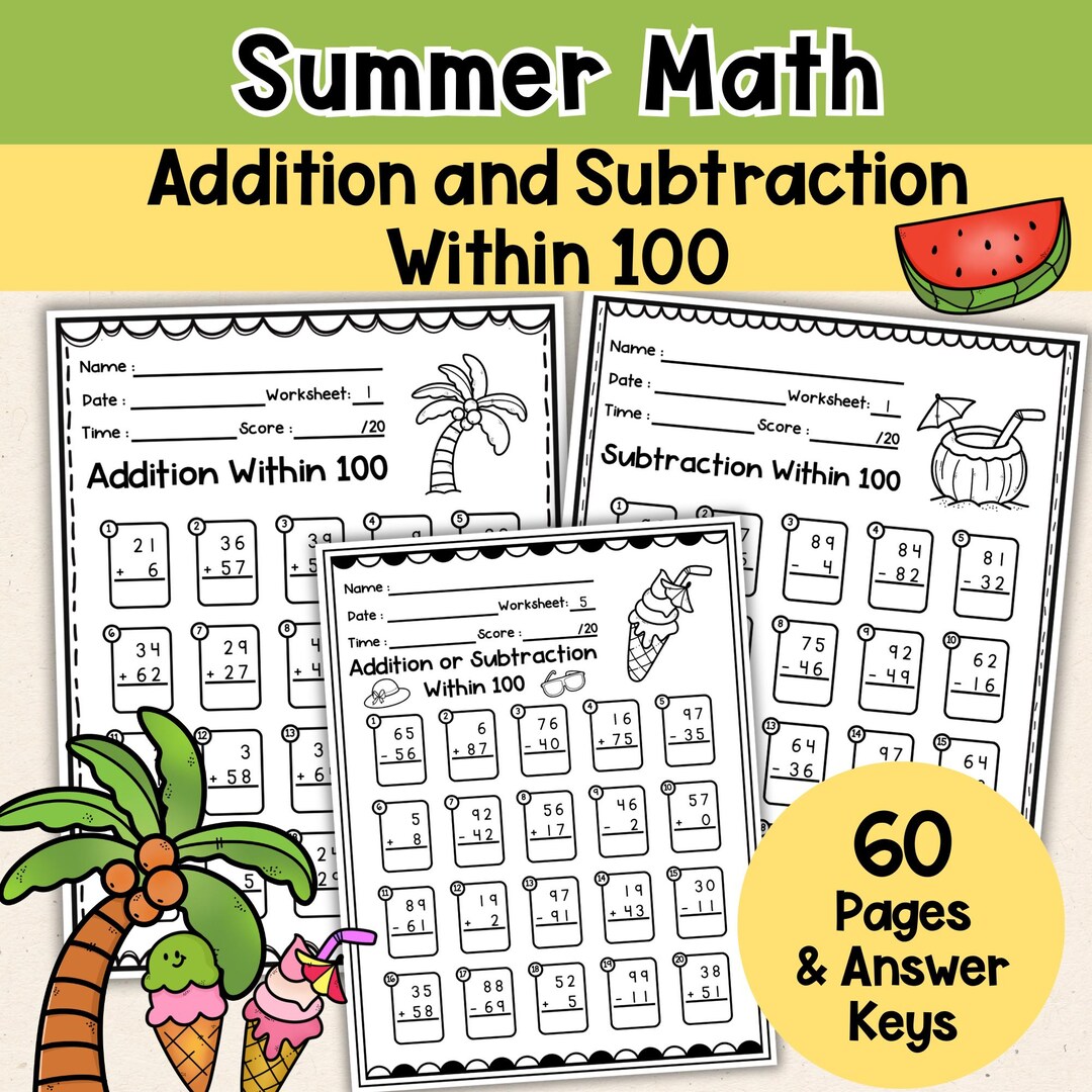 Summer Math Worksheets Packet | Addition & Subtraction Within 100 | No ...